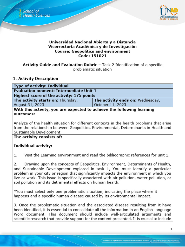 Activity Guide and Assessment Rubric - Unit 1 - Task 2 - Identification of A Specific ...