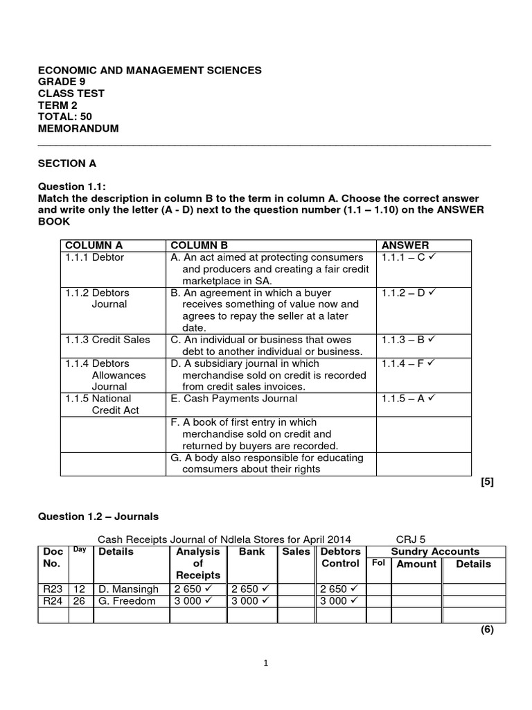 Grade 9 Ems Class Test Term 2 Test Corrections | PDF | Debits And ...