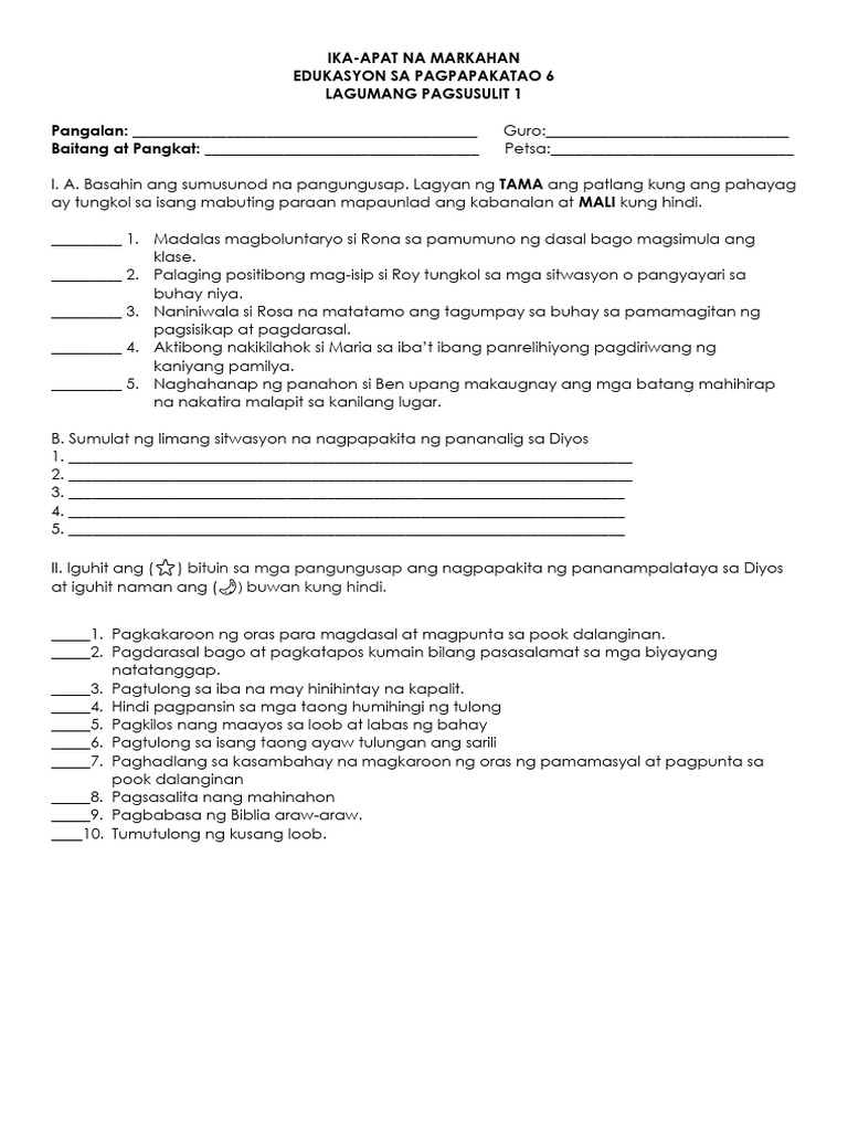 ESP 4th Quarter Summative Test 1-4 | PDF