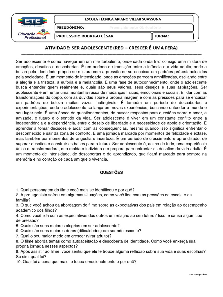 Atividade - Red | PDF | Adolescência | Aprendizado