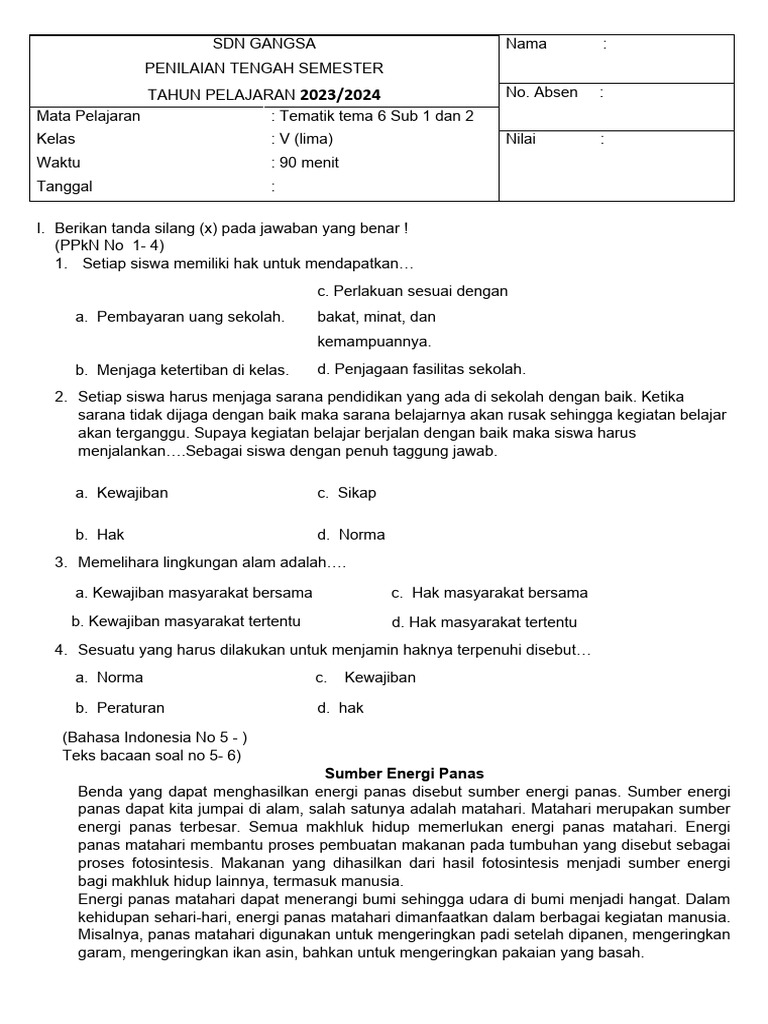 SOAL PTS TEMA 6 SUB 1 DAN 2 Kelas 5 SMT 2 | PDF | Sains & Matematika