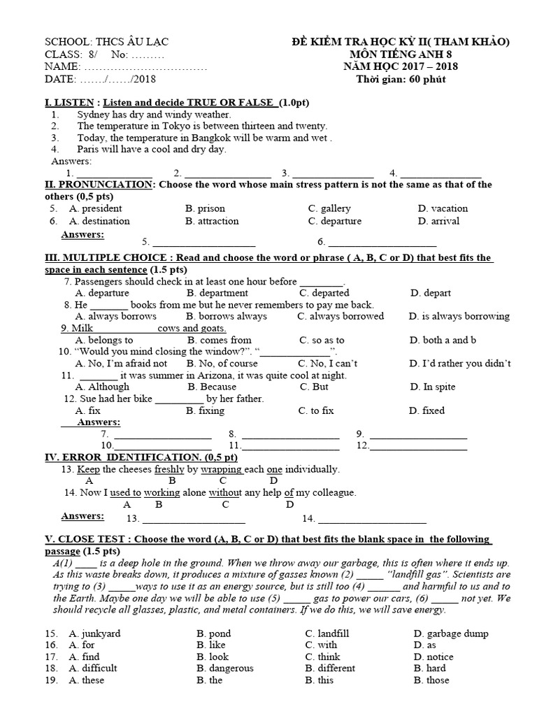 De Thi Hk2-Anh 8 - 1718 | PDF