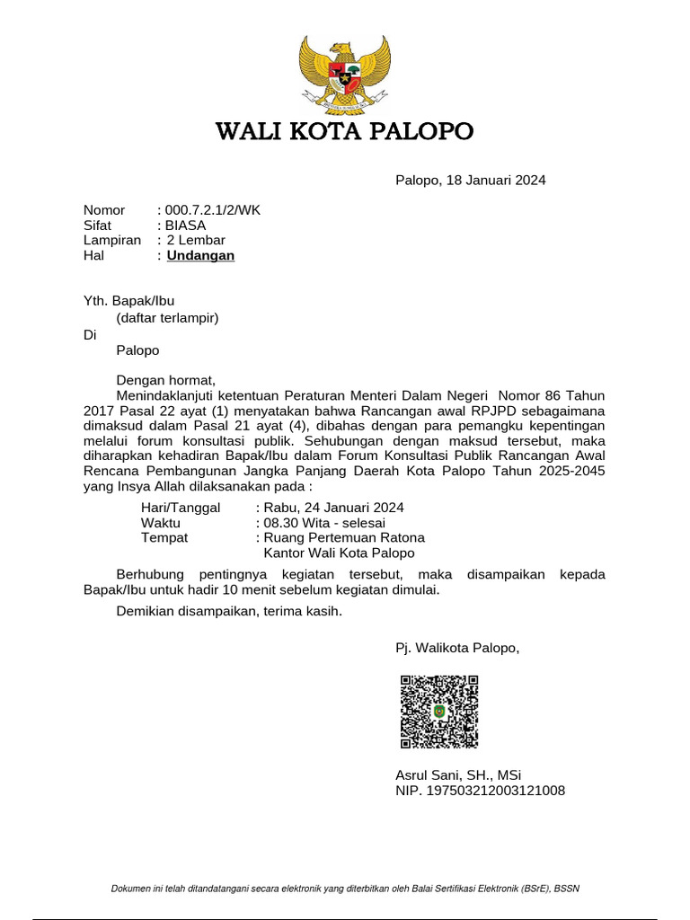 Undangan Forum Konsultasi RPJPD Palopo | PDF