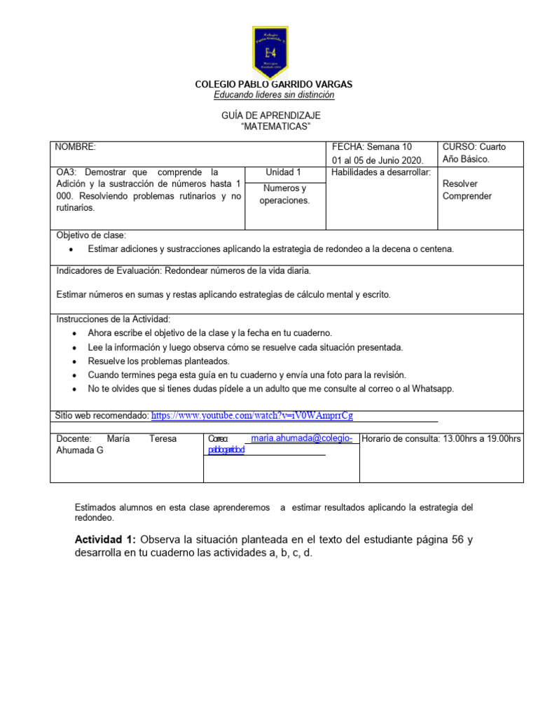 Guia 4 Mat Sem10 | PDF | Sustracción | Números