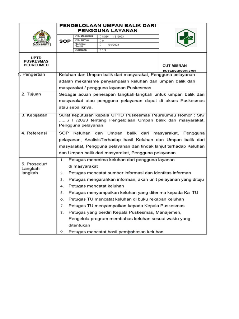 1.1.2.d.sop Pengelolaan Umpan Balik Dari Pengguna Layanan. | PDF