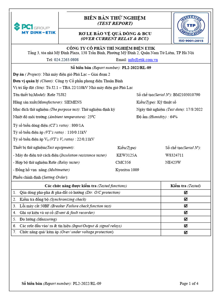 Biên Bản Thử Nghiệm: Rơ Le Bảo Vệ Quá Dòng & Bcu | PDF