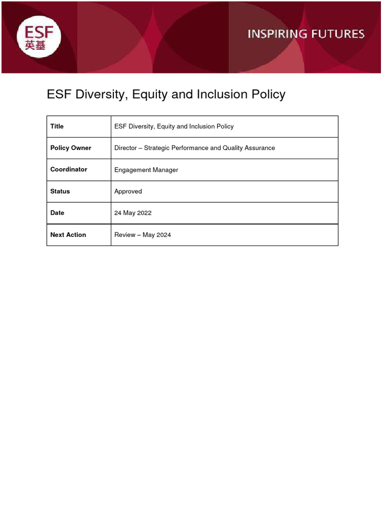 ESF DEI Policy Overview | PDF | Discrimination | Disability