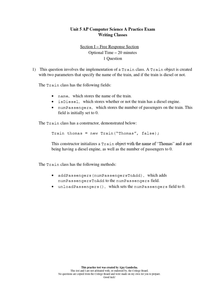 Unit 5 Ap Computer Science Practice Exam Pdf Constructor Object Oriented Programming