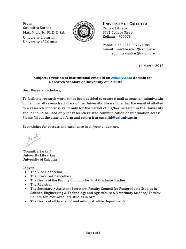 Institutional Email for Calcutta Researchers | PDF | Postgraduate ...