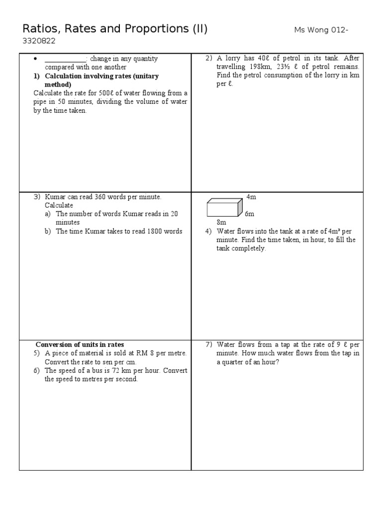 Ratios, Rates and Proportions (II) : 1) Calculation Involving Rates ...