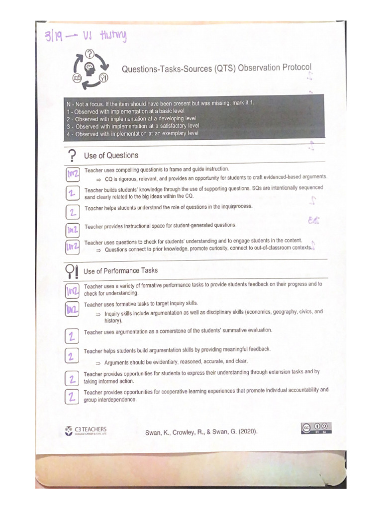 Questions-Tasks-Sources Qts Observation Protocol 2 | PDF