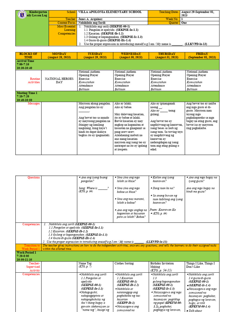 Kindergarten-DLL-MELC-Q1-Week 1 Asf | PDF