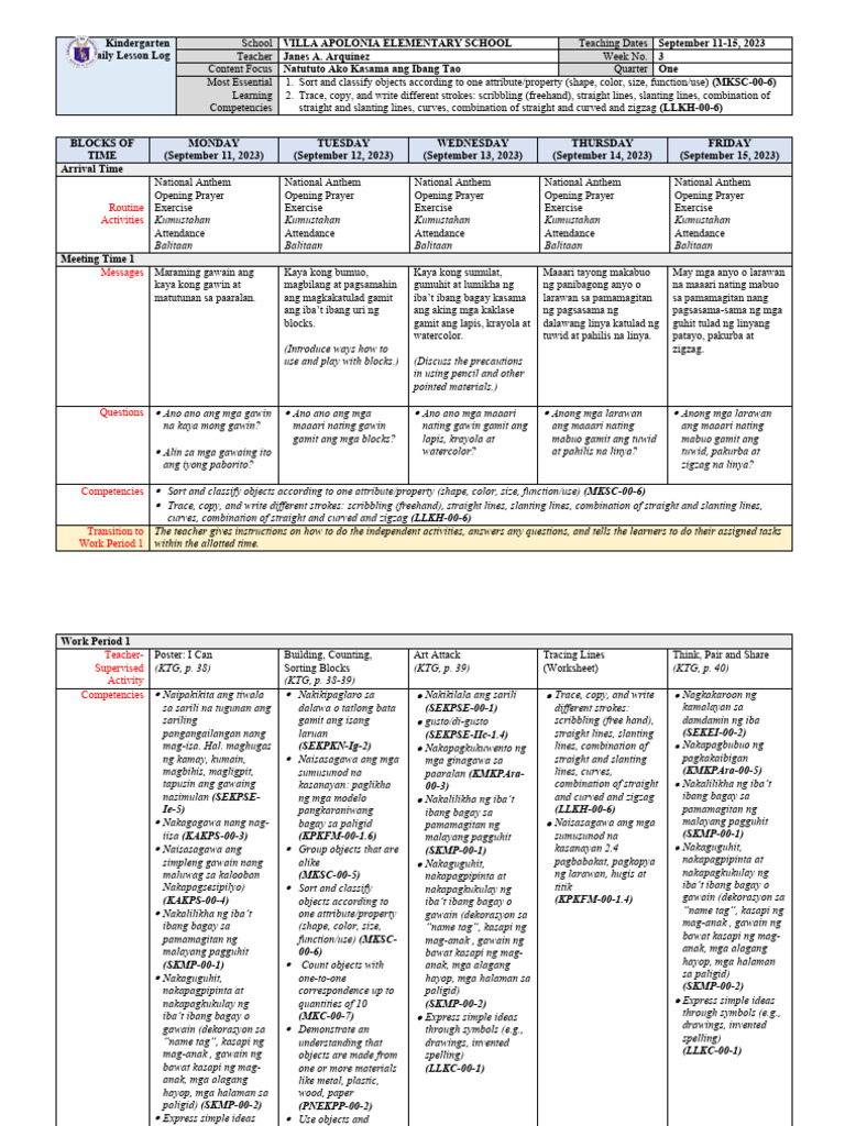 Kindergarten-DLL-MELC-Q1-Week 3 | PDF | Learning | Question
