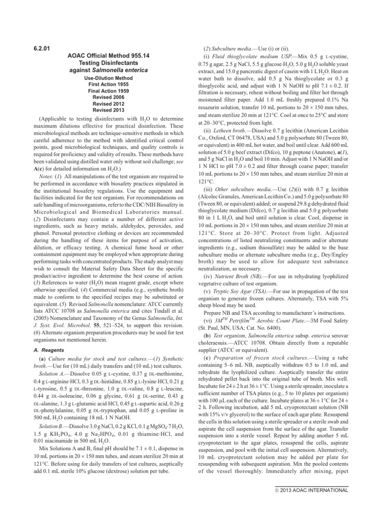AOAC 955.14-Testing Disinfectants Against Salmonella Enterica ...