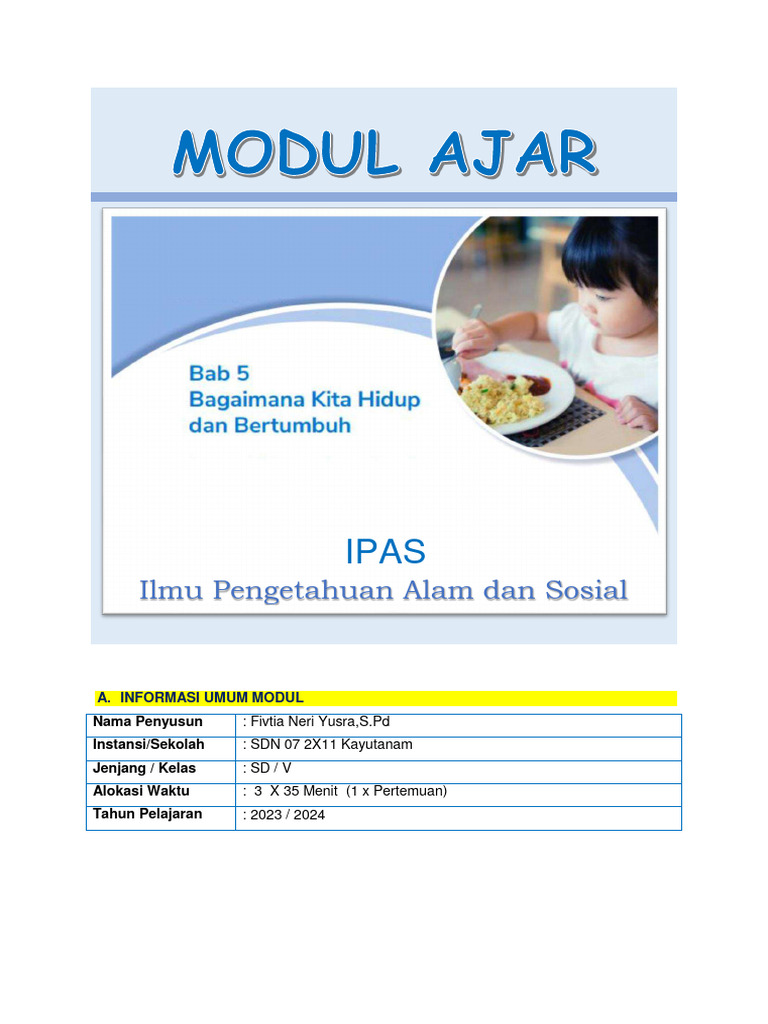 Modul Ajar Ilmu Pengetahuan Alam Dan Sosial (IPAS) - Bagaimana Kita Hidup Dan Bertumbuha - Fase ...