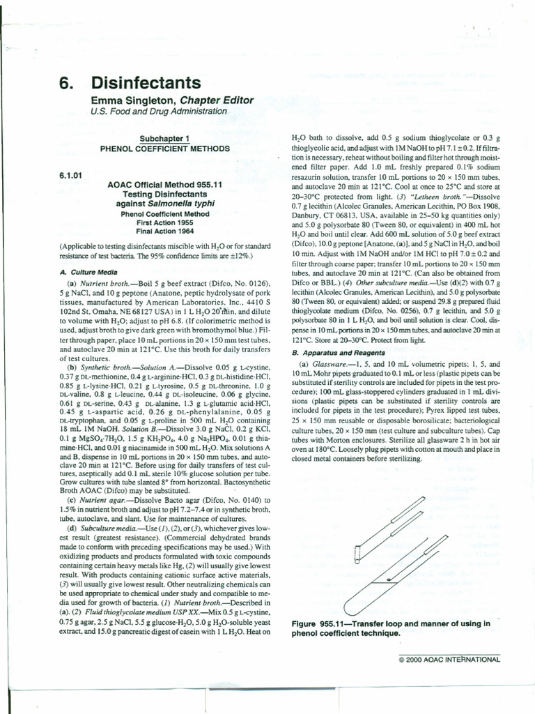 AOAC 955.11 - Testing Disinfectants Against Salmonella Thypi - Phenol ...