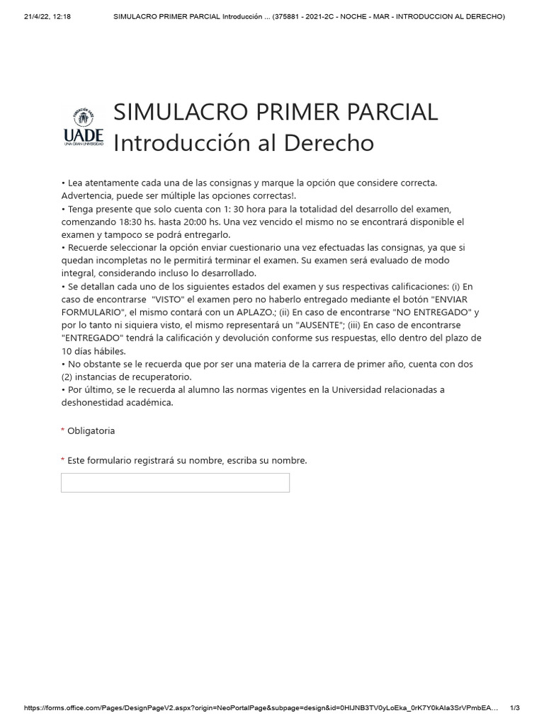 SIMULACRO PRIMER PARCIAL Introducción ... (375881 - 2021-2C - NOCHE - MAR - INTRODUCCION AL ...