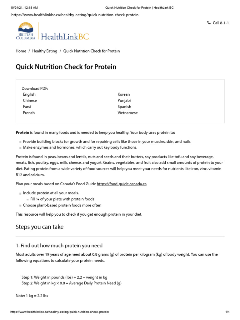 Quick Nutrition Check For Protein - HealthLink BC | PDF | Foods | Nutrition
