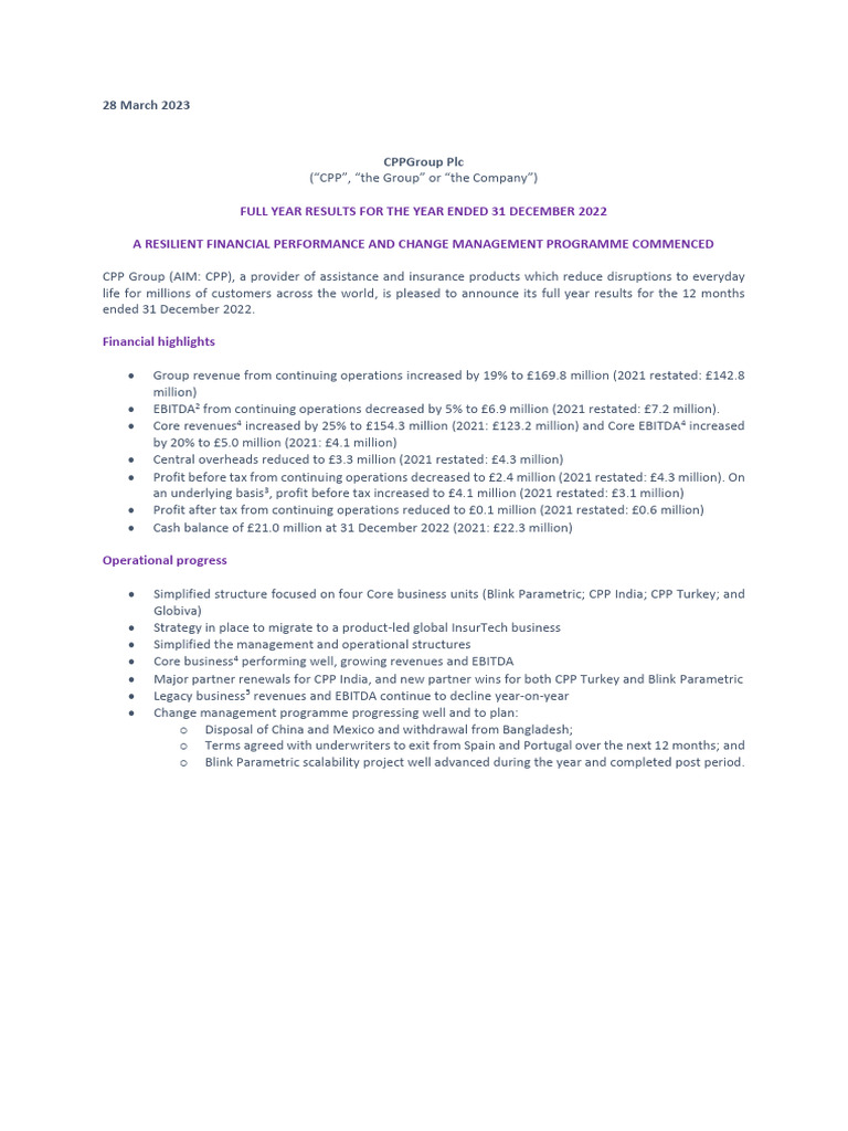 CPPGroup PLC 2022 Full Year Report | PDF | Taxes | Competitive Advantage