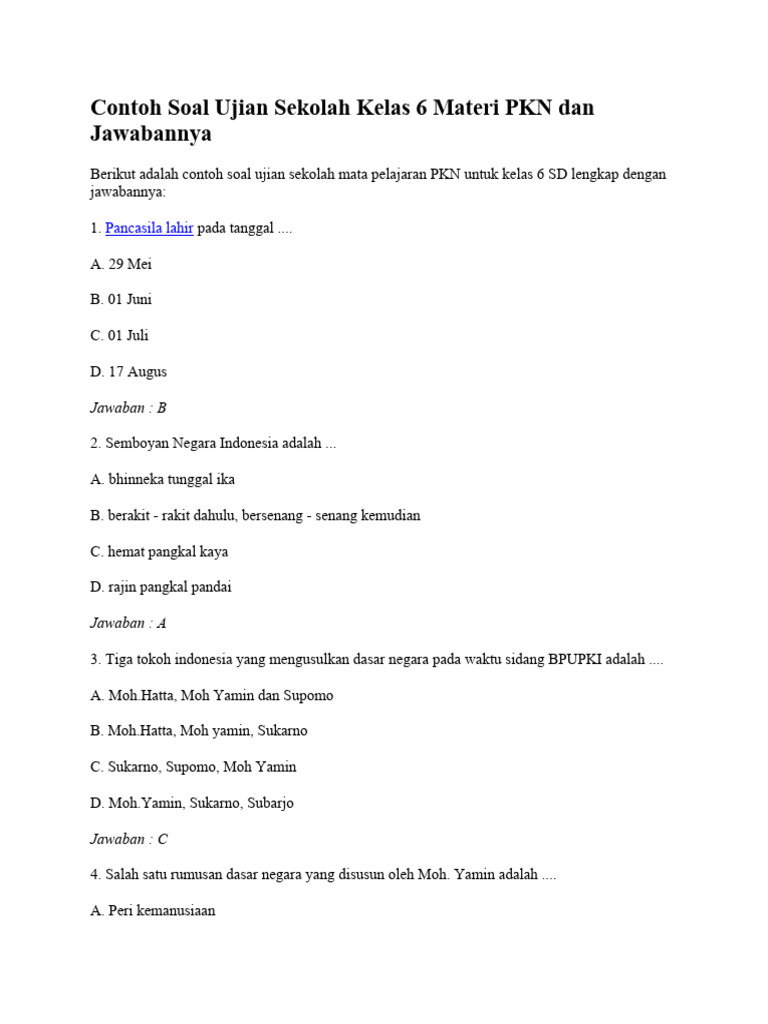 Contoh Soal Ujian Sekolah Kelas 6 Materi PKN Dan Jawabannya | PDF