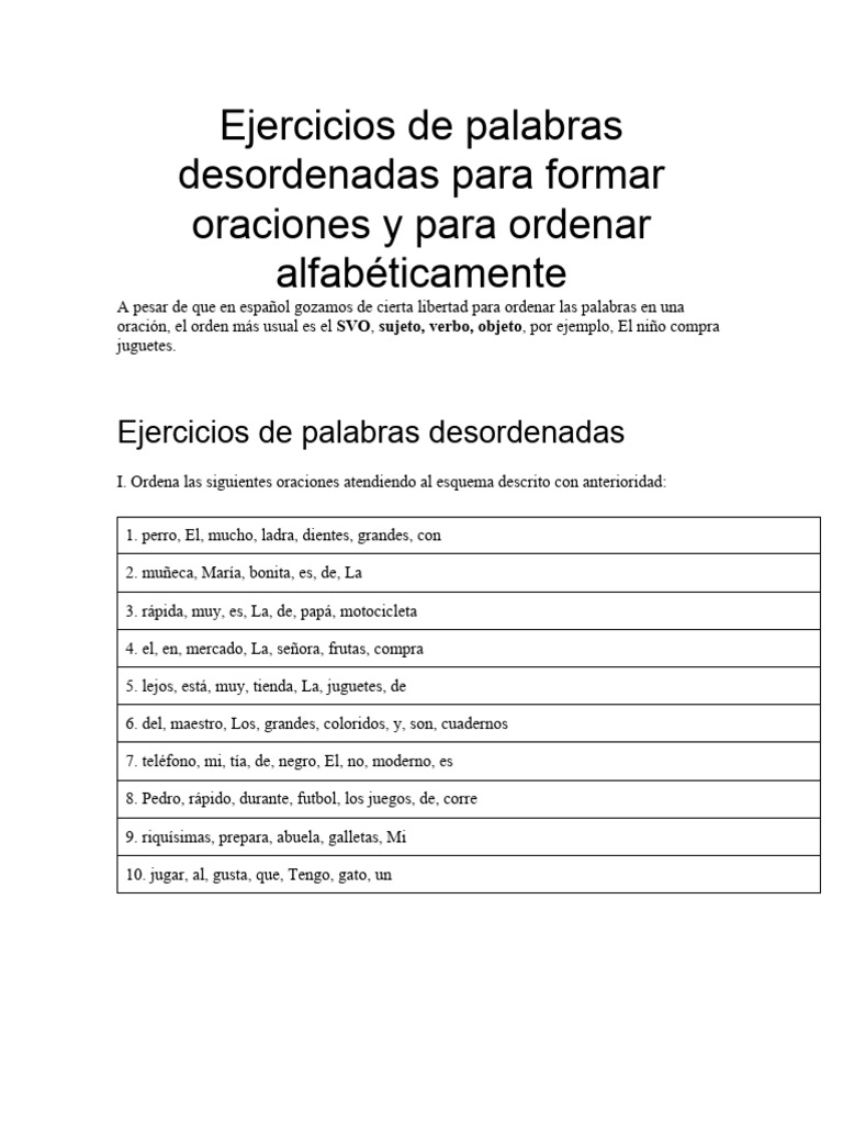 Ejercicios de Palabras Desordenadas para Formar Oraciones y para ...