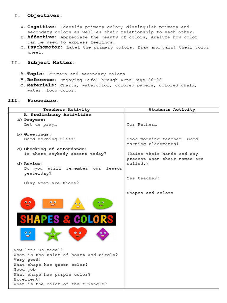 Primary Colors Lesson Plan for Kids | PDF | Color | Red
