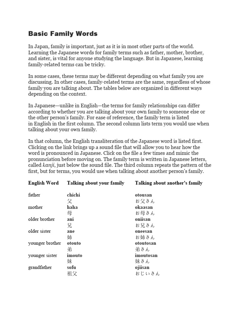 Basic Family Words (Japanese) | Download Free PDF | Japanese Language ...