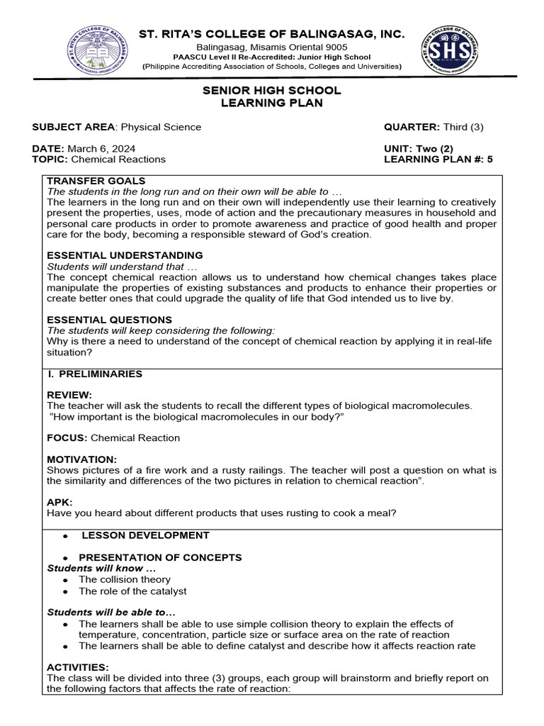 LEARNING-PLAN-PS-RateOfReaction | PDF | Reaction Rate | Chemical Reactions