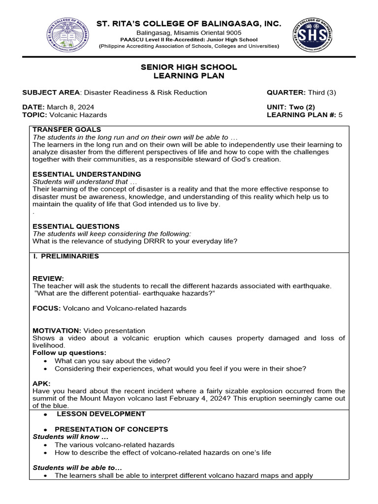 LEARNING-PLAN-DRRR-Volcanic Hazards | PDF | Volcano | Learning