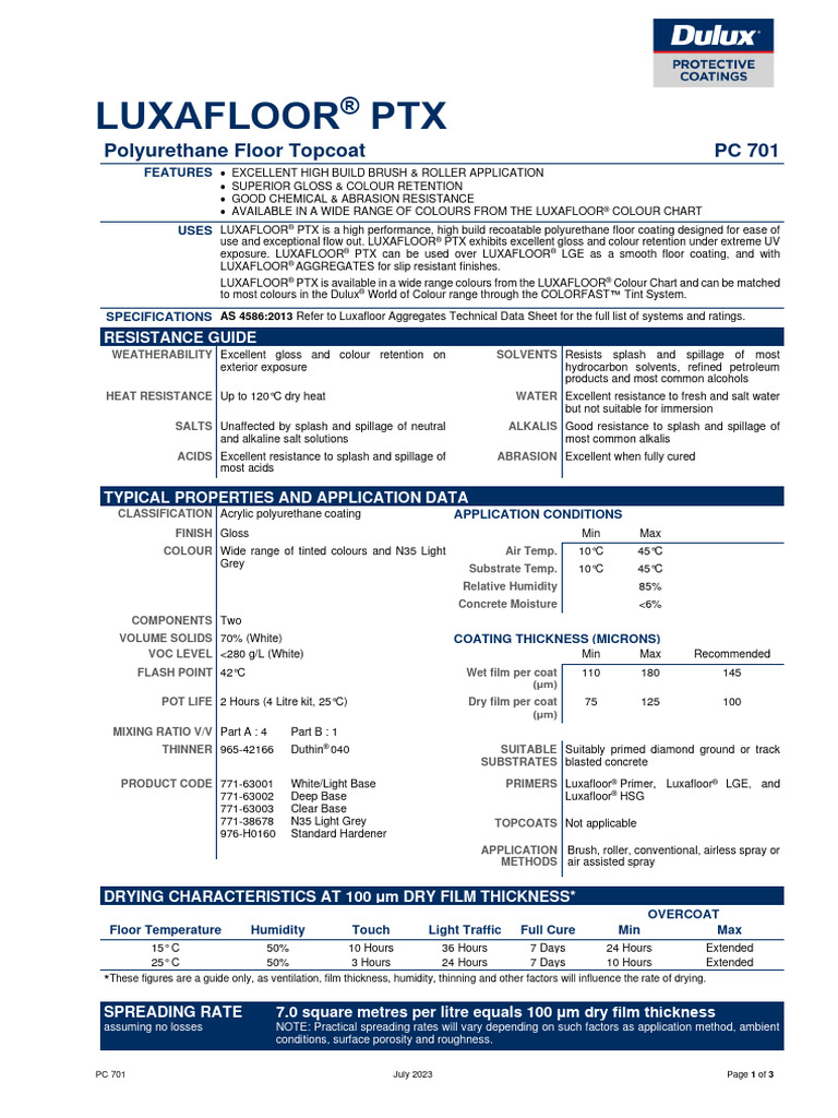 Dulux PC Datasheet Luxafloor PTX July 2023 | PDF | Polyurethane | Industrial Processes