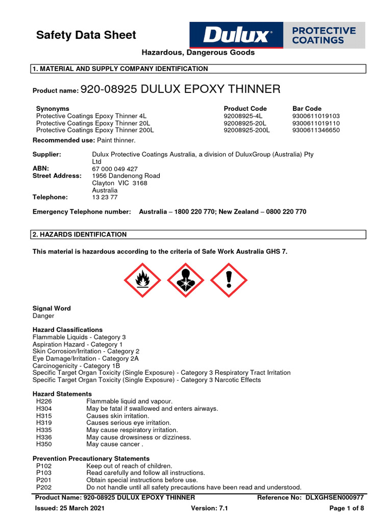 920-08925 Dulux Epoxy Thinner-Aus GHS | PDF | Toxicity | Hazards