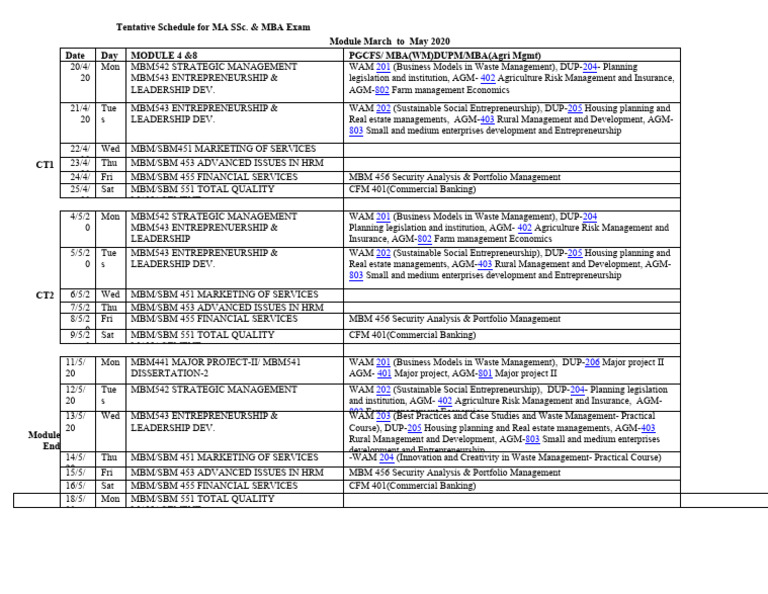 4 & 8 module proposed Schedule for MBA Exam 2020 31march | PDF ...