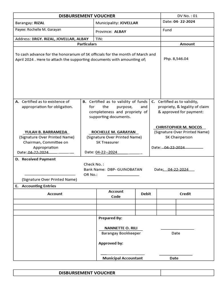 Disbursement Voucher Form (SK) | PDF | Payments | Bookkeeping