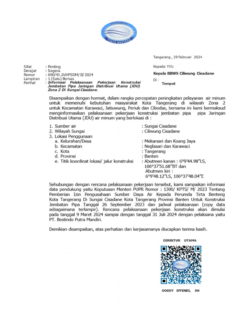 Informasi Pelaksanaan Pekerjaan Konstruksi Jembatan Pipa Jaringan Distribusi Utama (JDU) Zona 2 ...