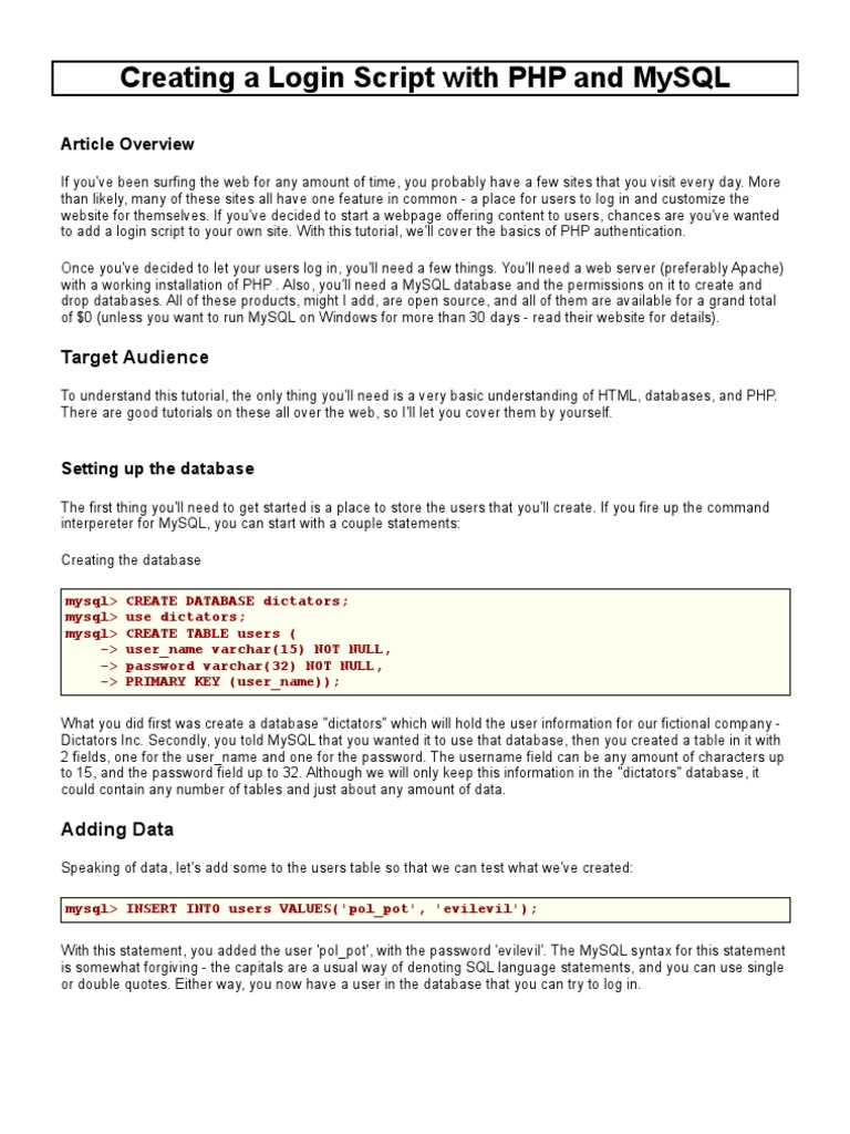 Creating A Login Script With Php And Mysql Pdf Php Password