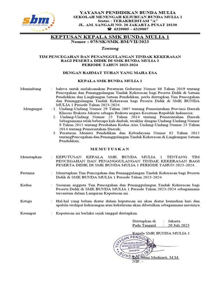 Surat TPPK SMK Bunda Mulia 1 Tahun 2023 | PDF