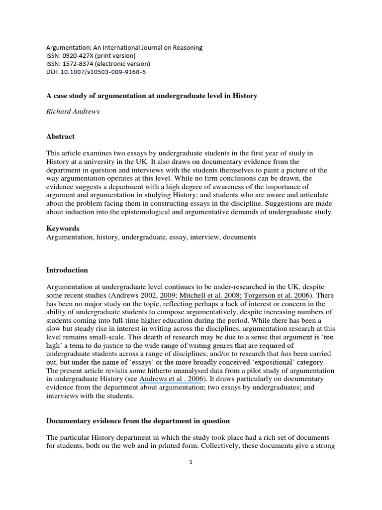 A Case Study of Argumentation at Undergraduate Level in History | PDF ...