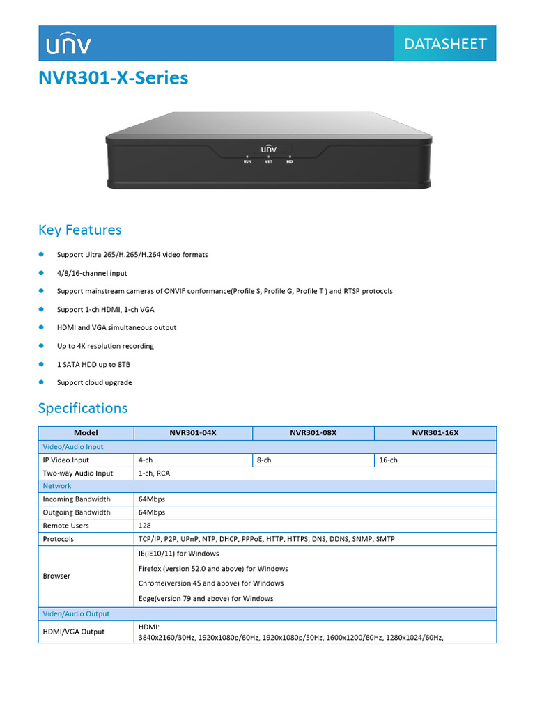 UNV【Datasheet】NVR301-X Series V1.05-EN | PDF | Hdmi | Hard Disk Drive