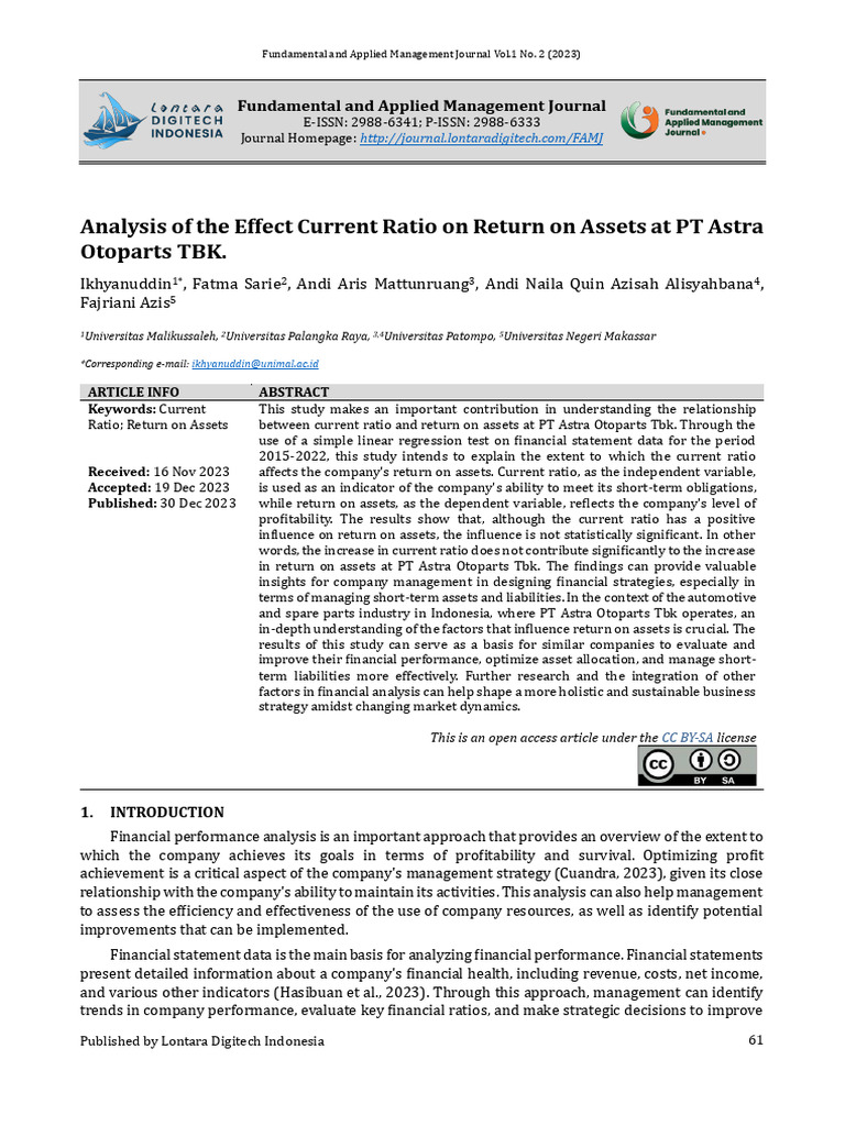 Analysis of The Effect Current Ratio On Return On Assets at PT Astra ...
