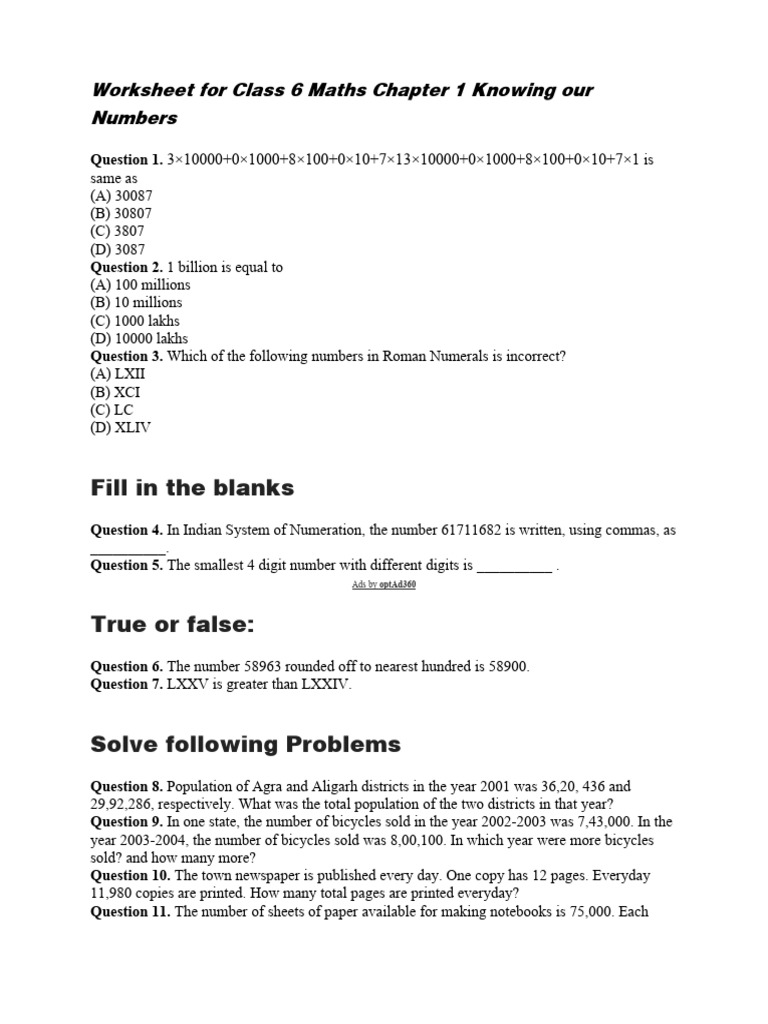 Worksheet Knowing Our Number | PDF