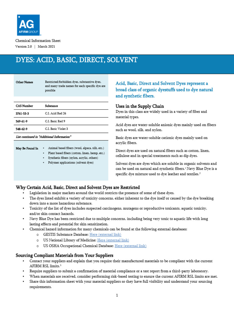 Afirm Dyes Acid Basic Direct Solvent v2 | PDF | Dye | Fibers