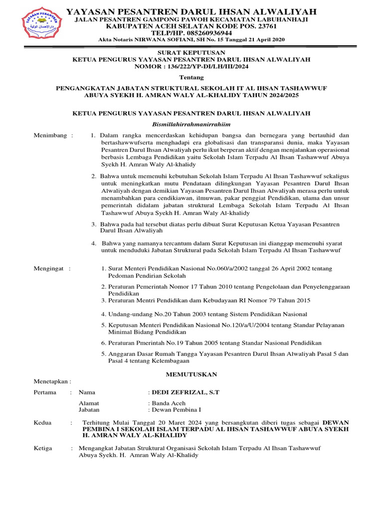 SK Yayasan Pengangkatan Struktural Dedi Zefrizal | PDF