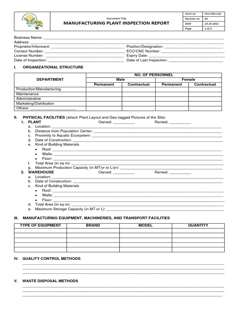 FPA-FRD-F16 Manufacturing Plant Inspection Report | PDF | Occupational ...