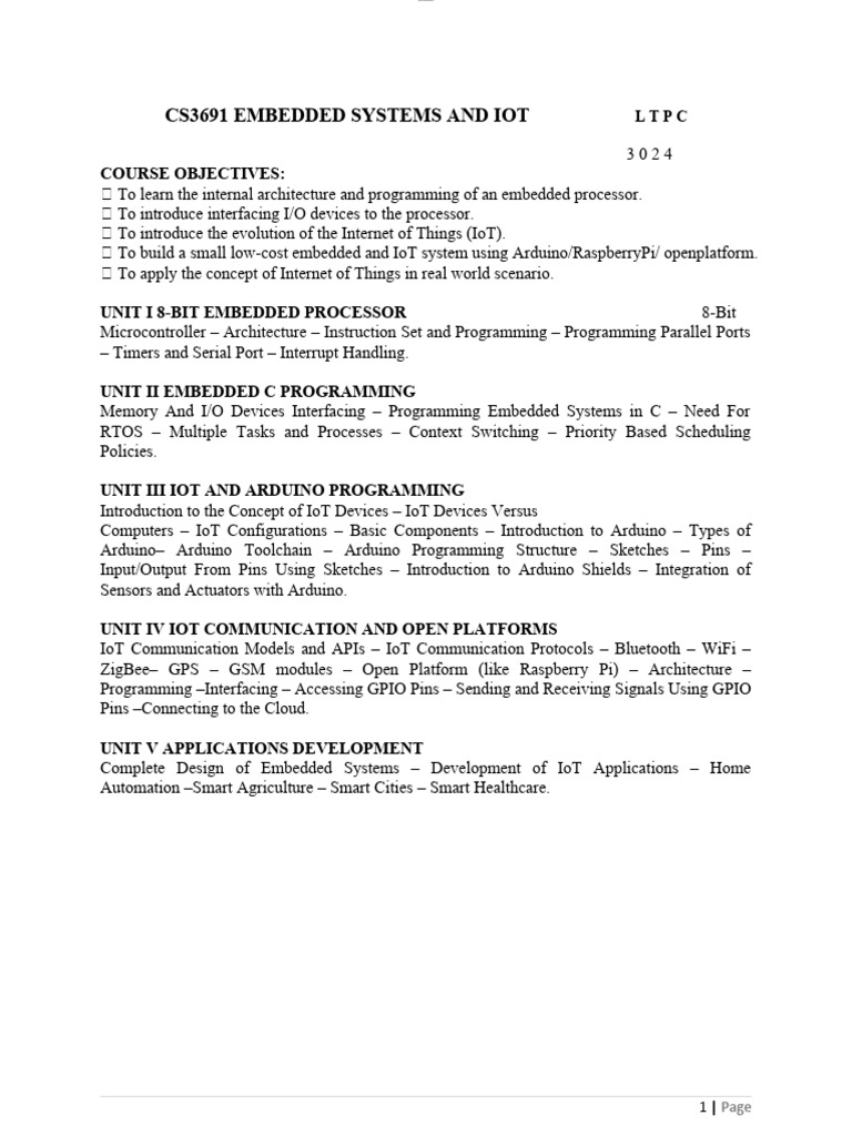 CS3691 EMBEDDED SYSTEMS AND IOTl 1 To 4 Unit | PDF | Assembly Language | Microcontroller