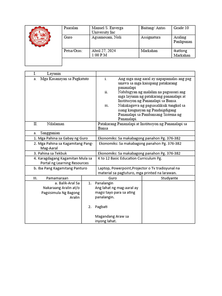 First Lesson Plan Ni Noli | PDF
