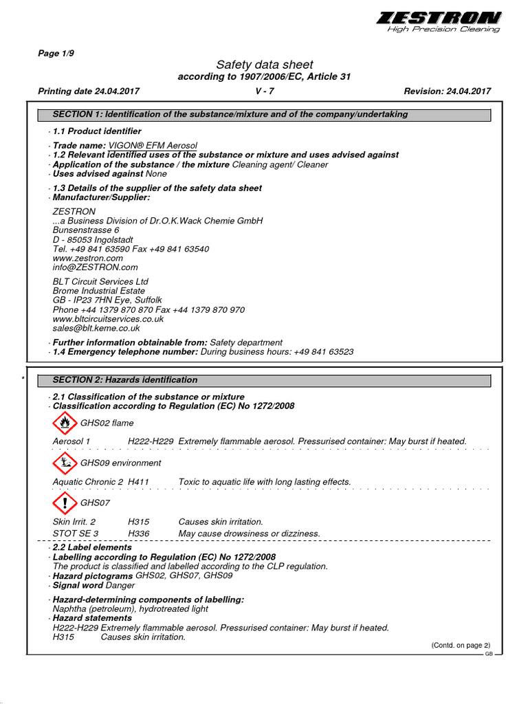 Vigon-EFM-SDS | PDF | Dangerous Goods | Occupational Safety And Health