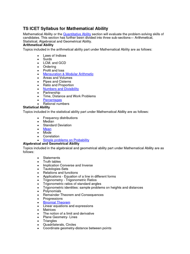 Important Topics and Sub Topic For ICET Exam | PDF | Geometry ...