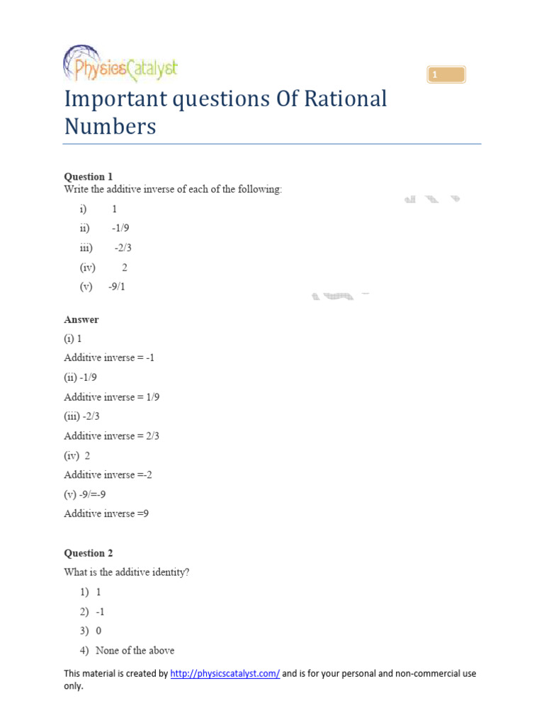 Questions Class8 Rational Numbers | PDF | Multiplication | Mathematical Objects