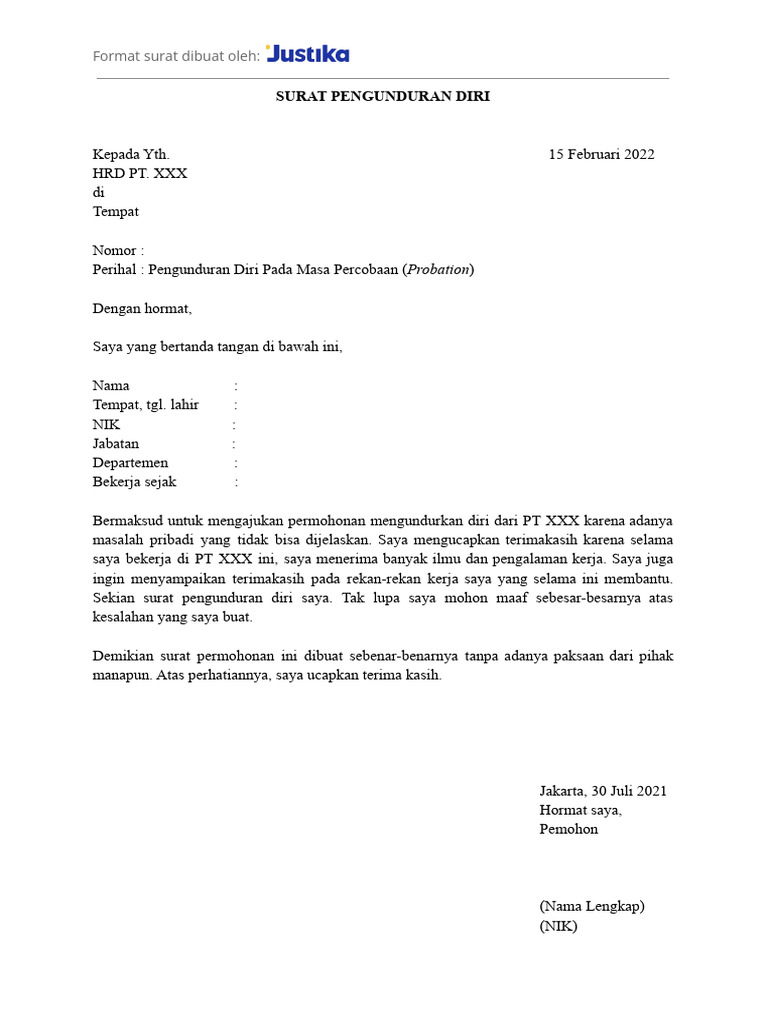 Contoh Surat Pengunduran Diri Probation | PDF