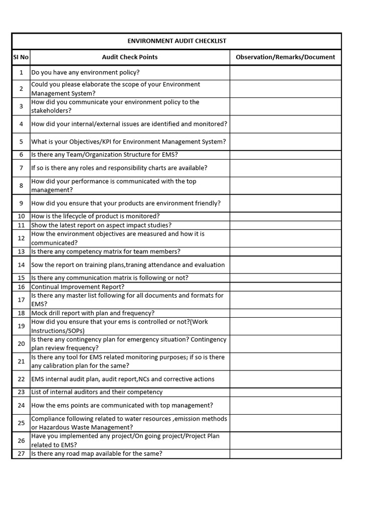 Environment Audit Checklist | PDF